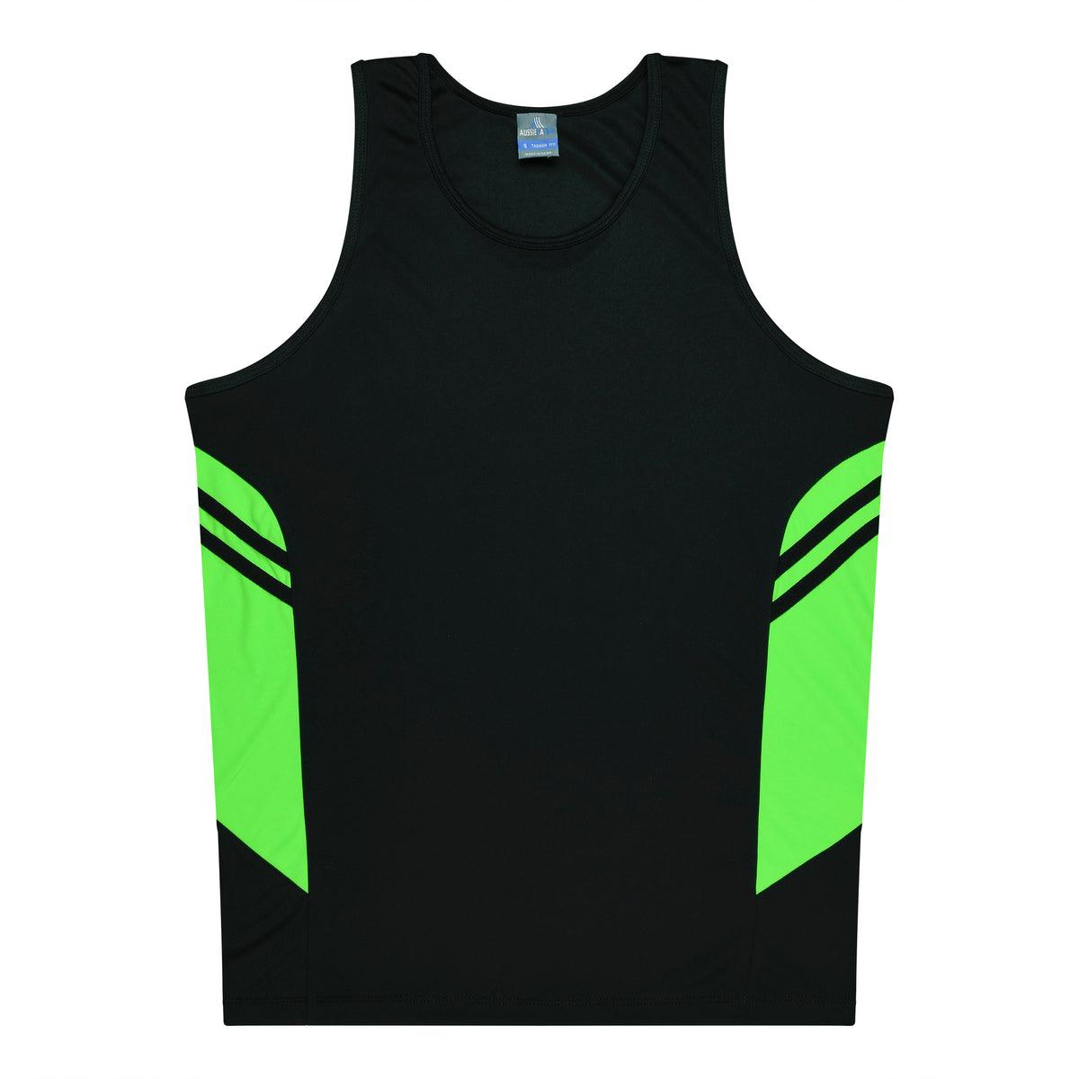 TASMAN MENS SINGLETS - BLACK/NEON GREEN — Fourseasons Textiles