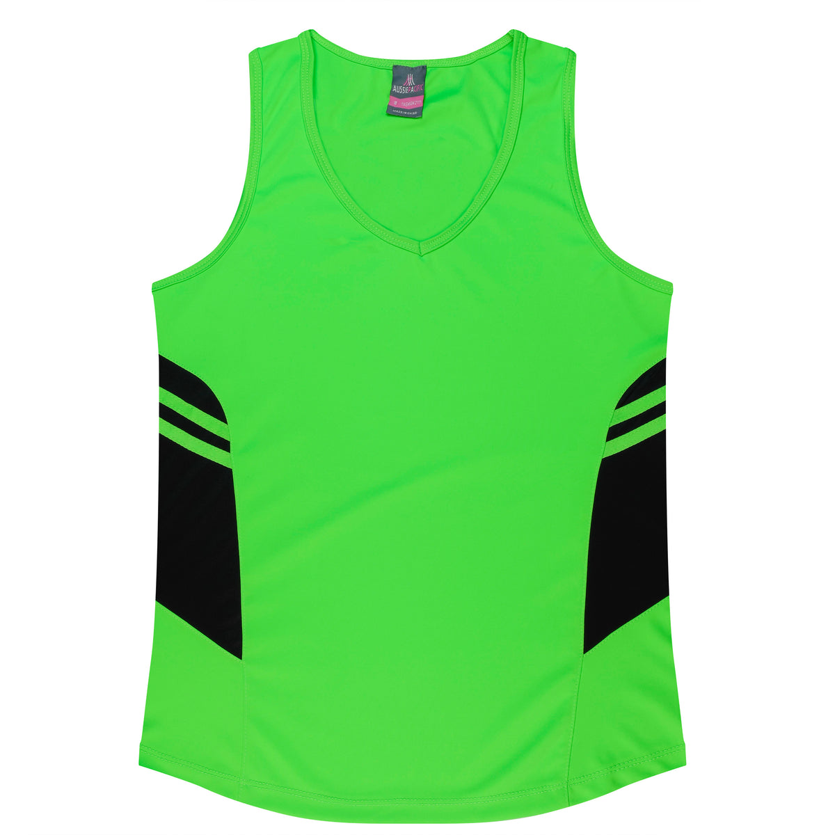 TASMAN LADY SINGLETS - NEON GREEN/BLACK — Fourseasons Textiles