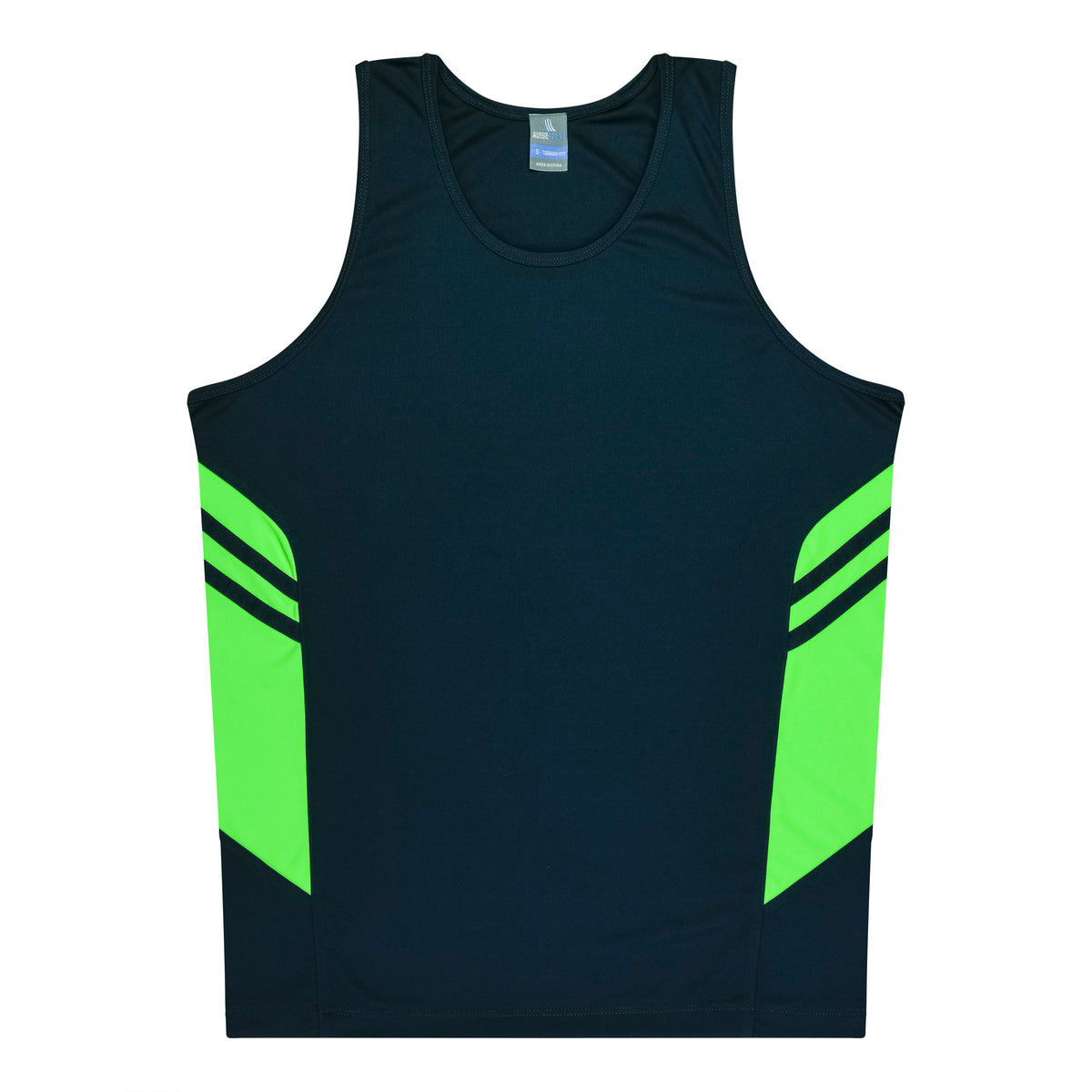 TASMAN KIDS SINGLETS - NAVY/NEON GREEN — Fourseasons Textiles